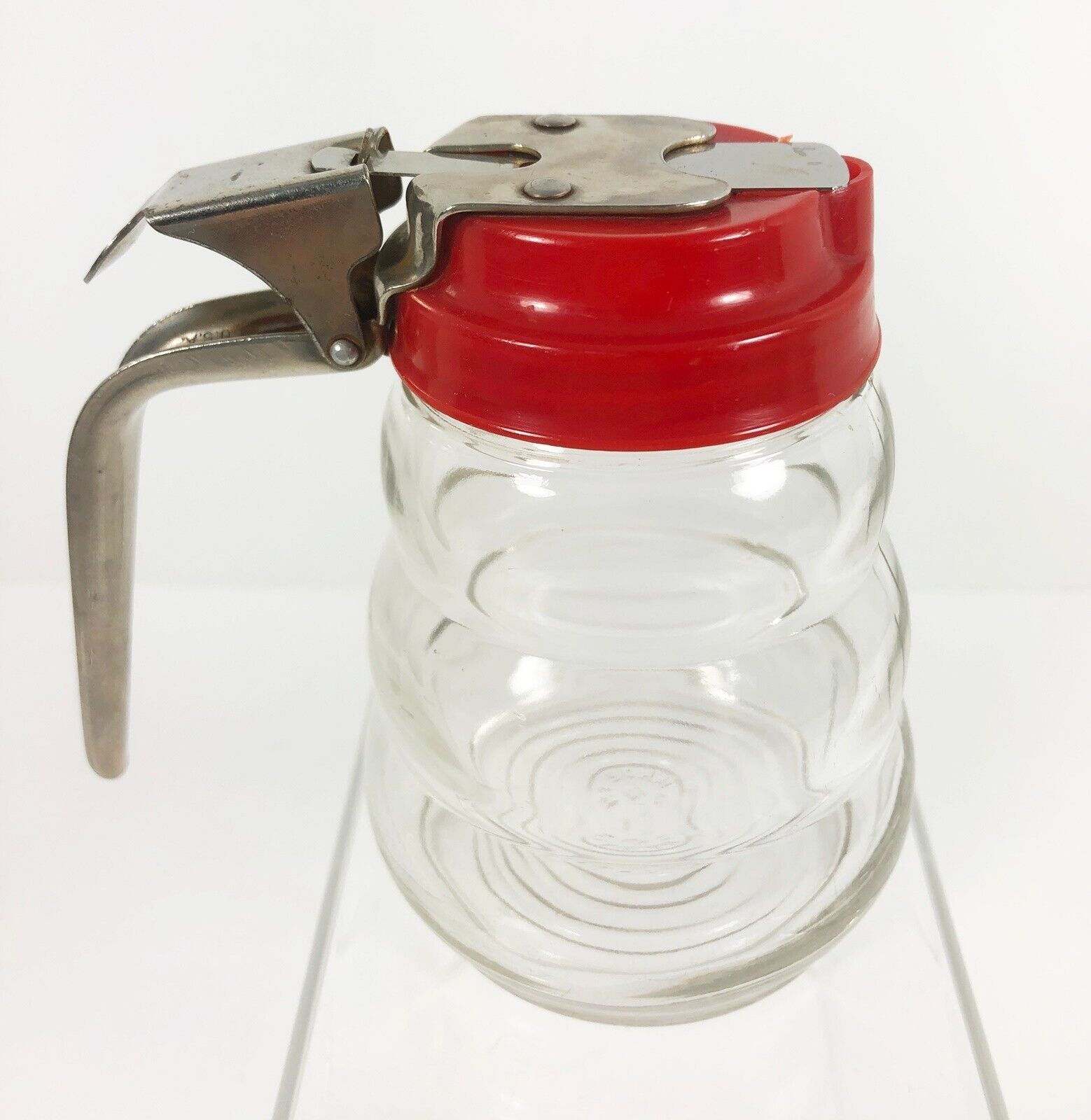 Vintage Beehive Glass Syrup Pitcher Red Dripcut Top Mid Century USA ...