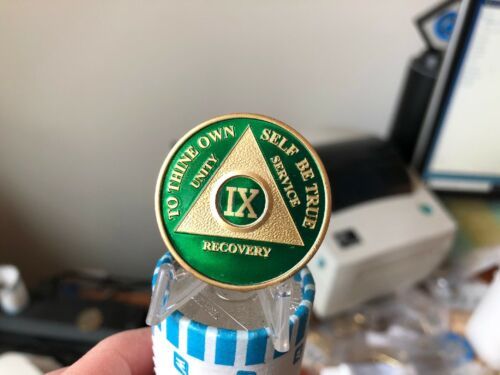 9 Year AA Medallion Green Gold Plated Sobriety Chip IX - Tokens ...