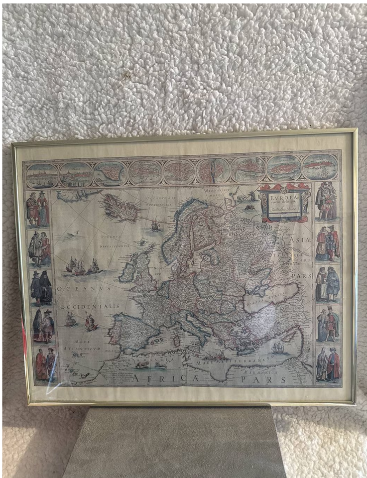 Framed Antique Map of Europe with Metal Frame - Photographs