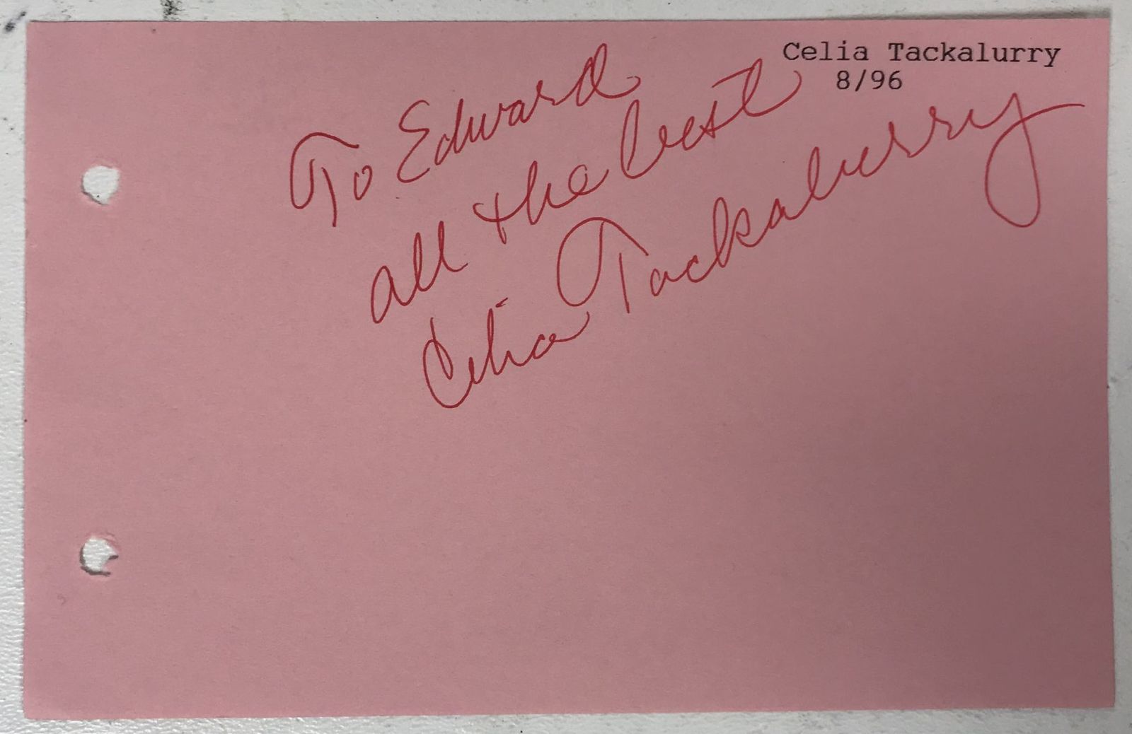Celia Tackaberry Signed Autographed Vintage 4x6 Signature Page ...
