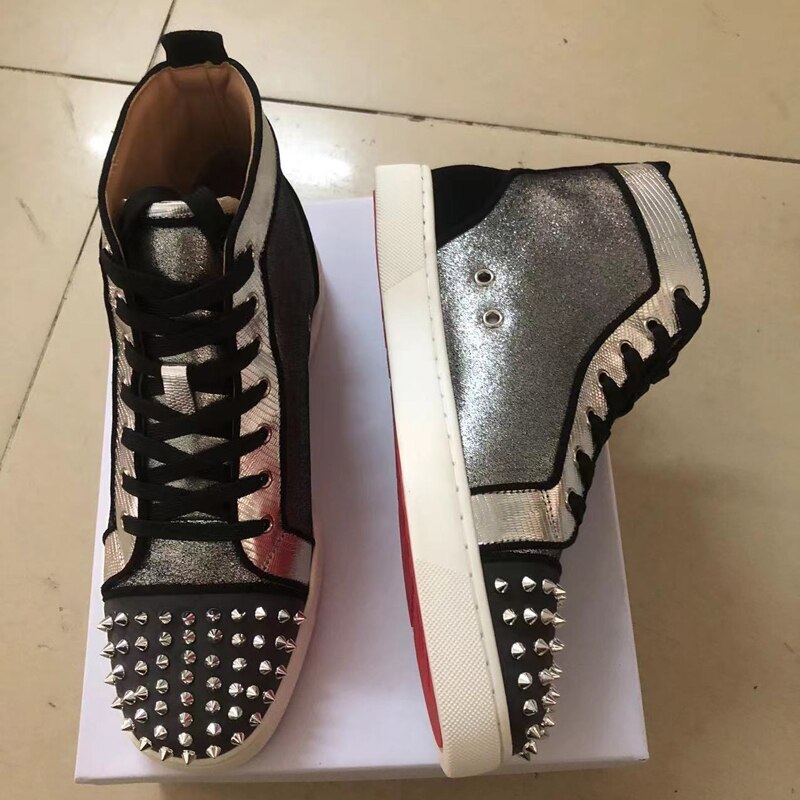 Silver Gray Sneakers Man Pointed Toe Rivet High Top Lace Up Flas For ...