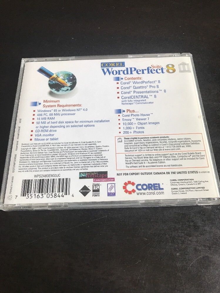 Corel WordPerfect Suite 8 PC CD ROM Windows Word Perfect Academic ...