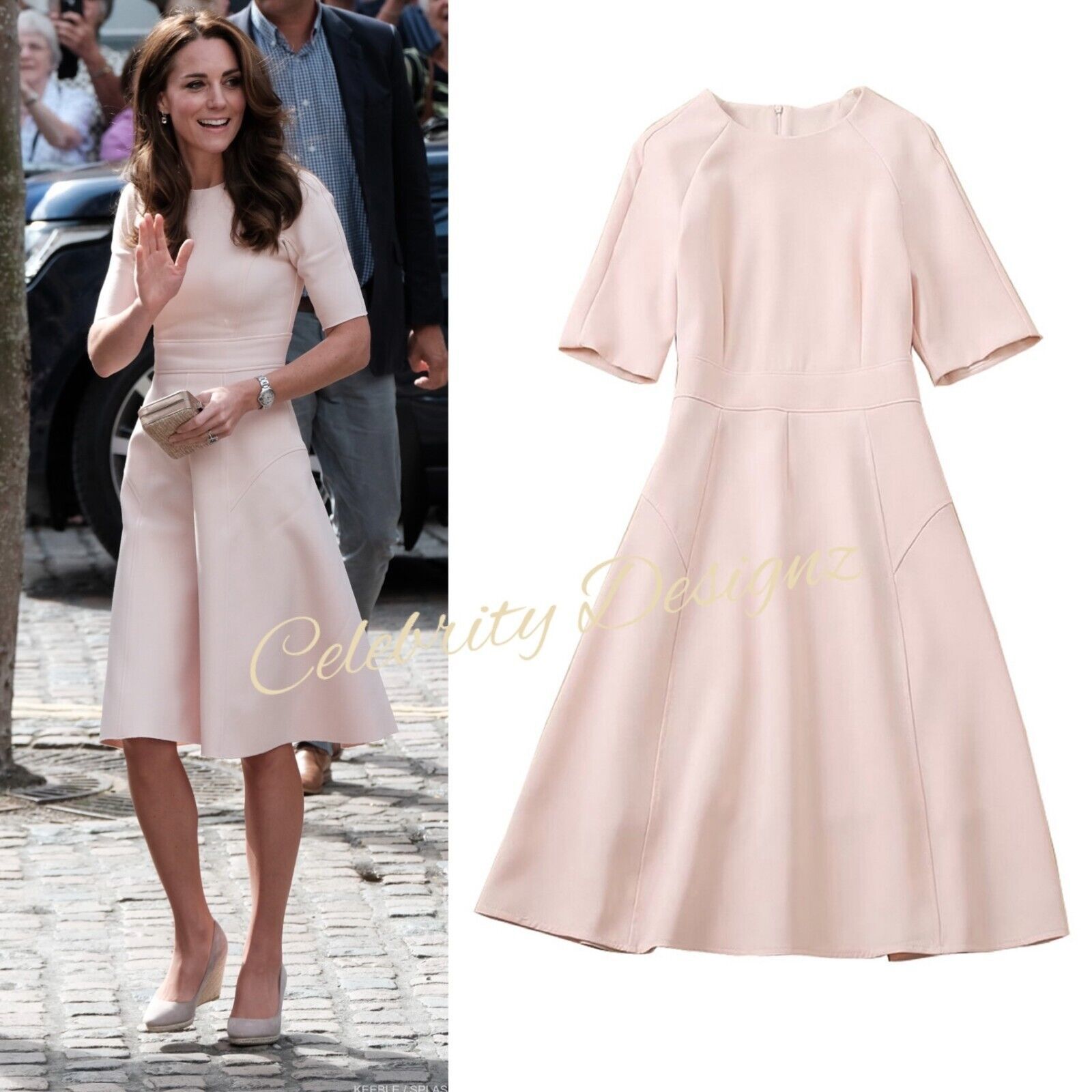 Kate Middleton Inspired Half Sleeve Light Pink Fit-&-Flare Midi Skater ...