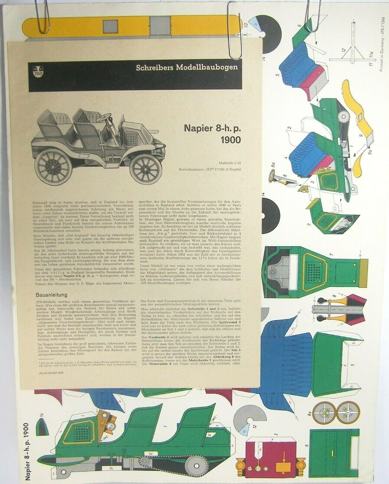 Schreibers Modellbaubogen German Paper Model Napier 8-h.p. 1900 JFS ...
