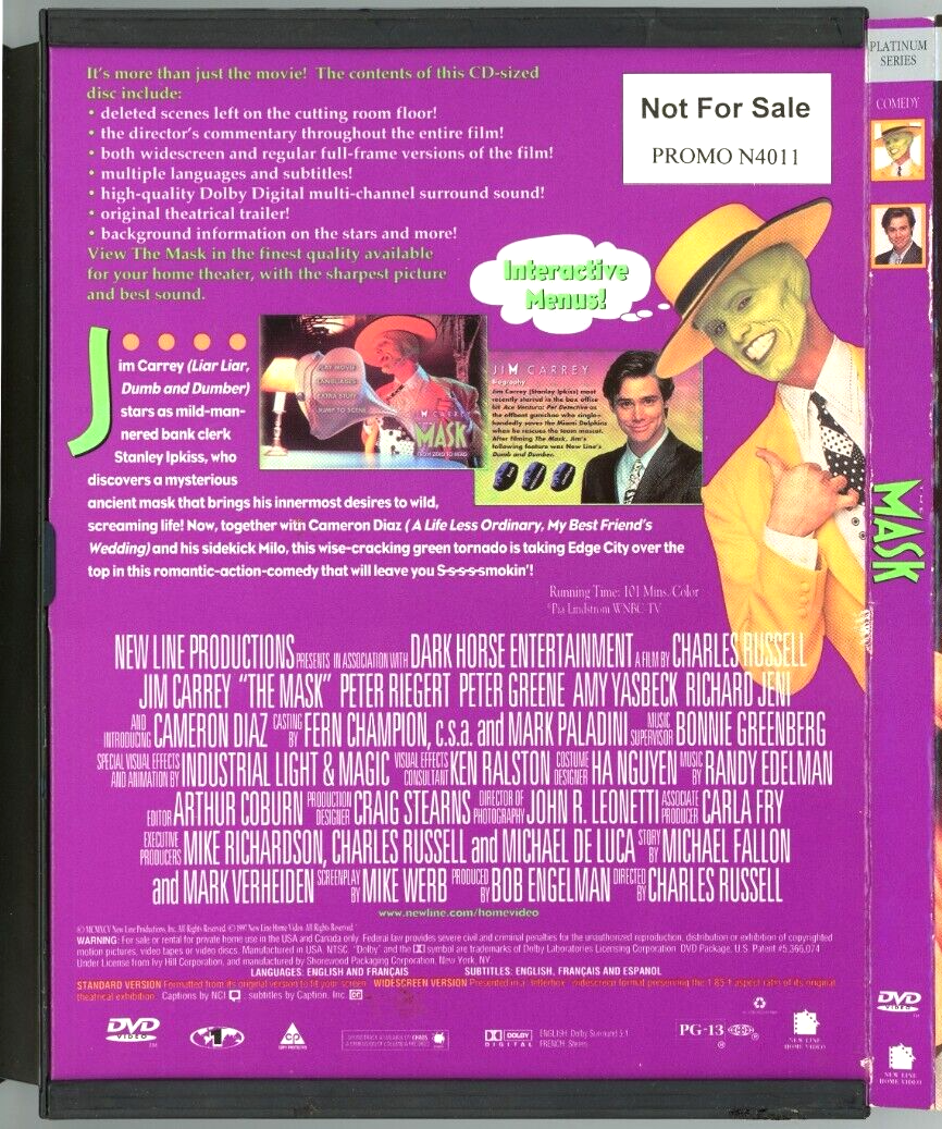 THE MASK DVD 1997 Movie PROMO COPY N4011 Jim Carrey and Cameron Diaz ...