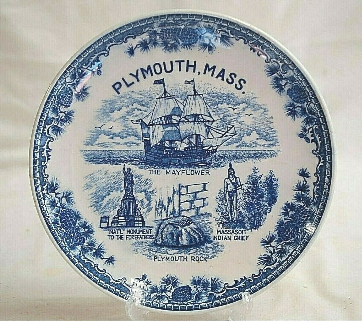Vintage 9" Luncheon Plate Blue & White Plymouth Mass Mayflower ...