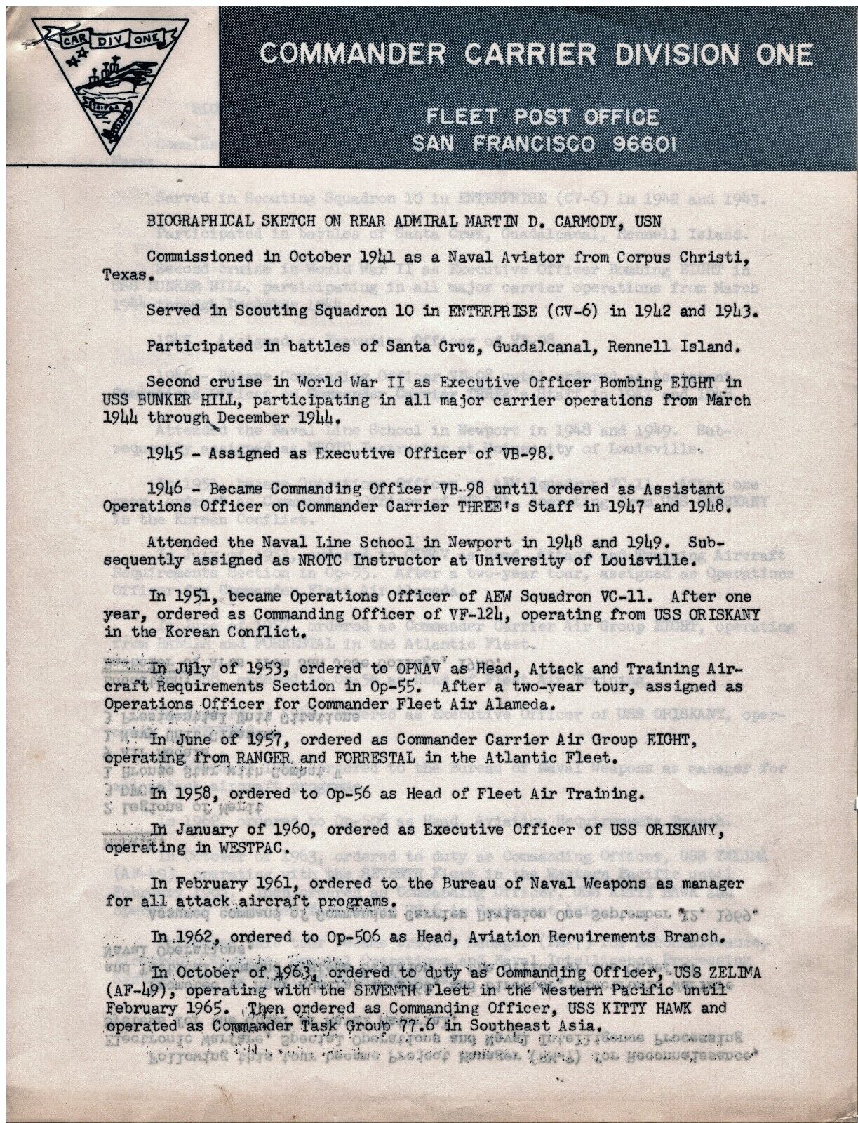 Press Photo Rear Admiral Martin D. Carmody, USN, Commander Carrier ...