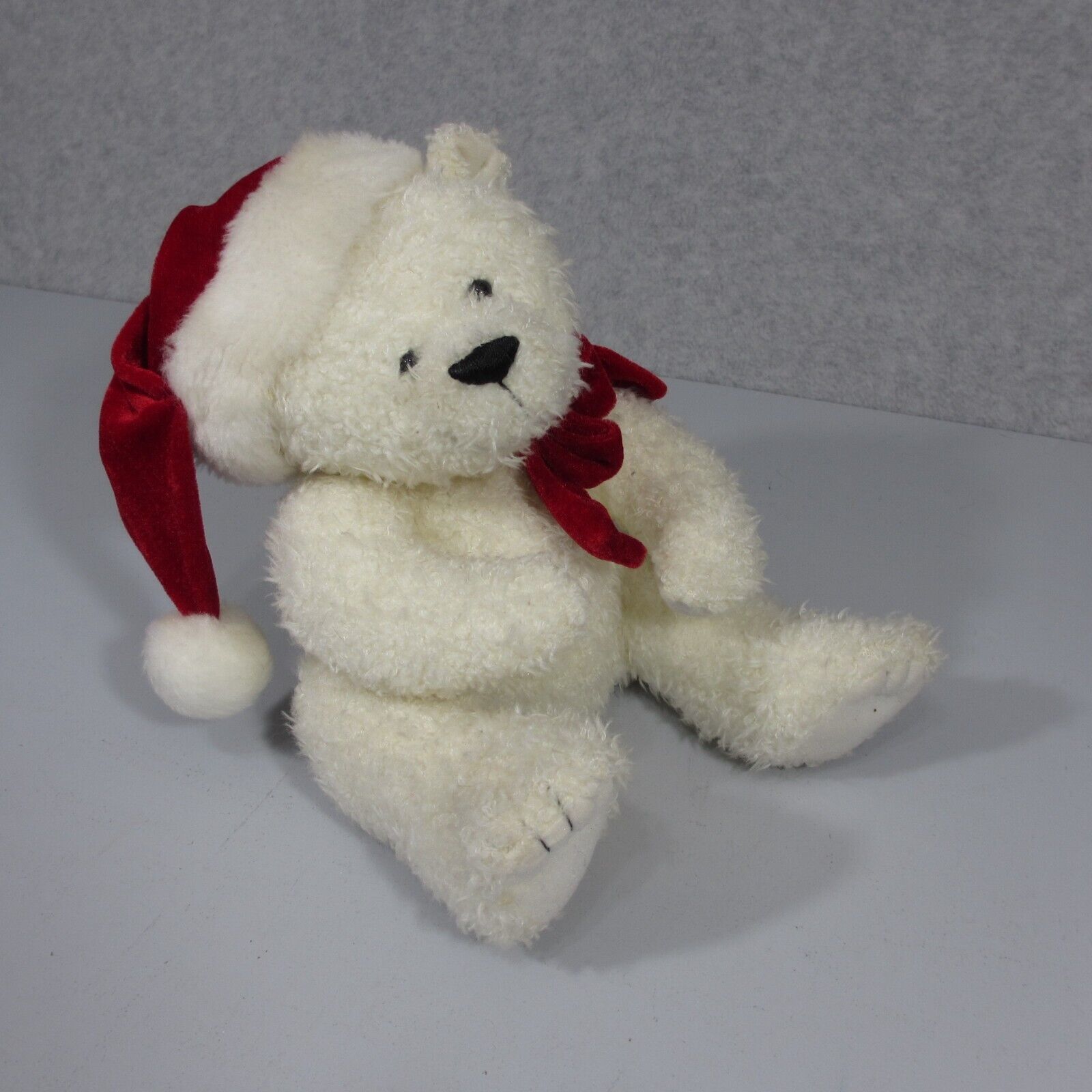 White Teddy Bear 9 inch Plush Santa Hat Scarf Christmas Scruffy - Other