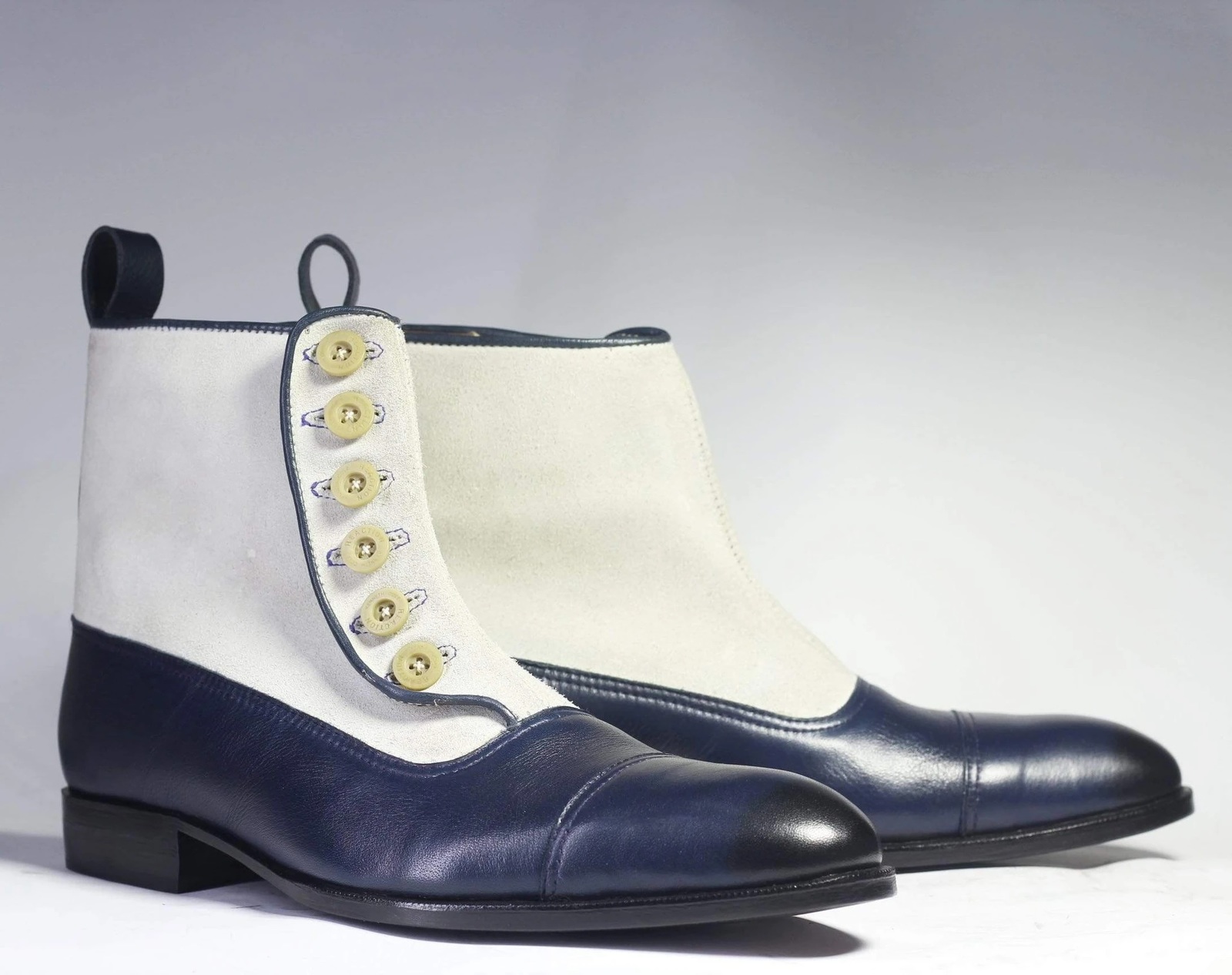 Handmade Men Blue White Leather Suede Cap Toe Brogue Button Boots ...
