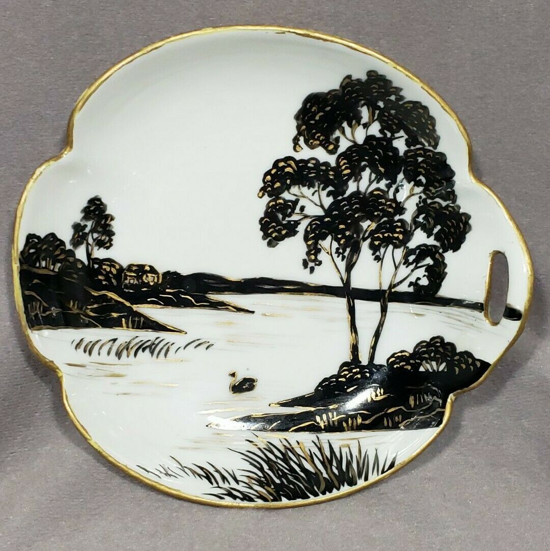 Vintage Noritake RELISH NUT CANDY saucer handle Black Gold Swan Lake ...