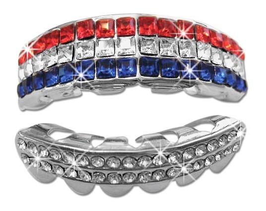 Iced Metal Teeth Grillz Set CZ Trump Rally USA Flag Red White Blue Gag ...