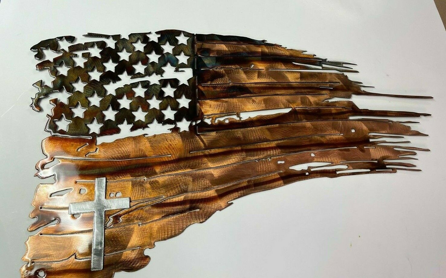 Tattered & Torn American Flag - Metal Wall Art - 22" x 12" with Silver ...