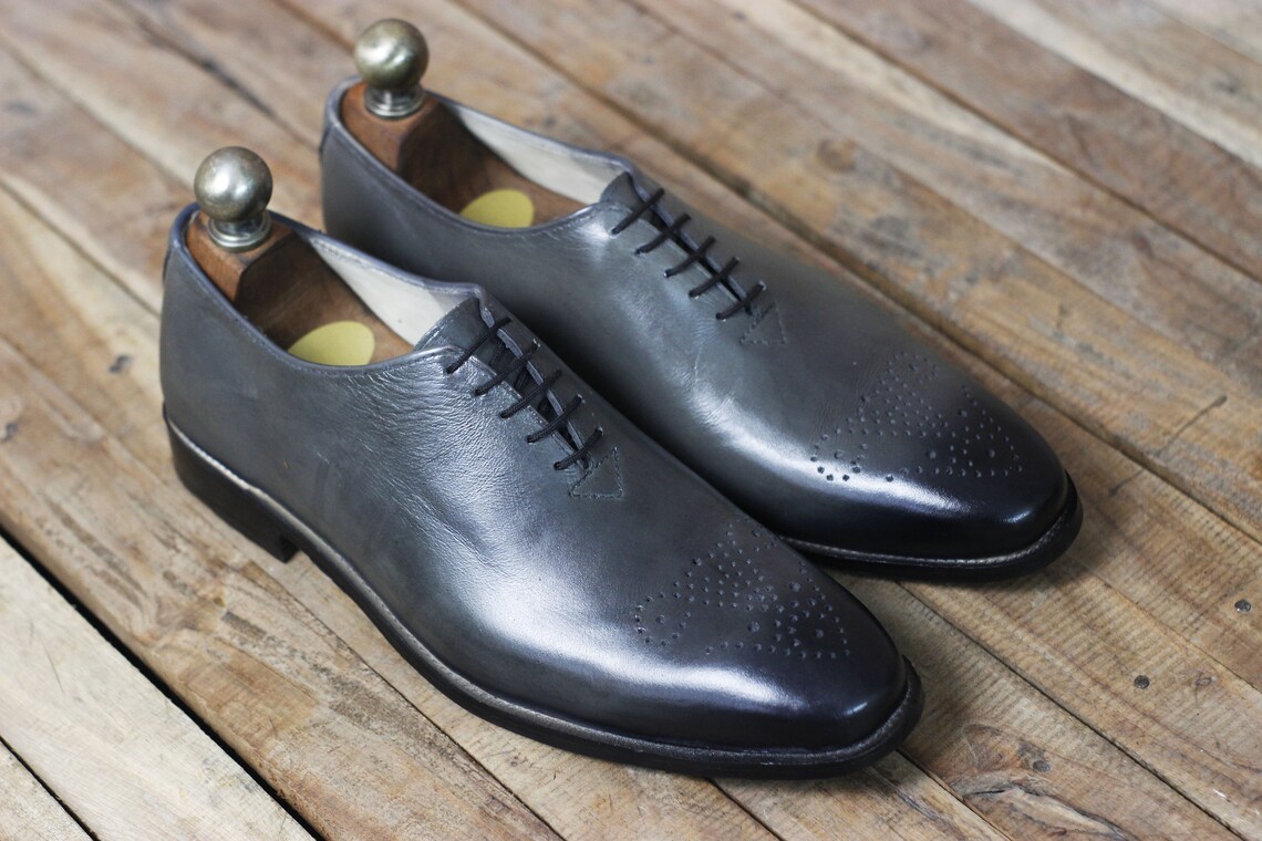 Handmade Leather Gray Brogue Lace up Hand Stitch Shoes, Men Formal ...