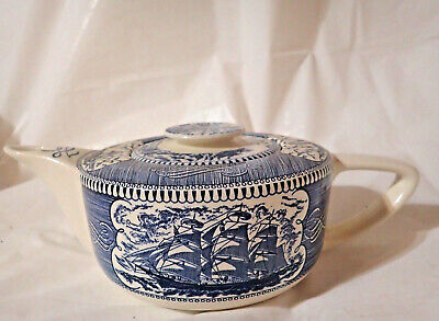 Royal China Blue Currier & Ives Sailing Ship & Lighthouse Teapot ...