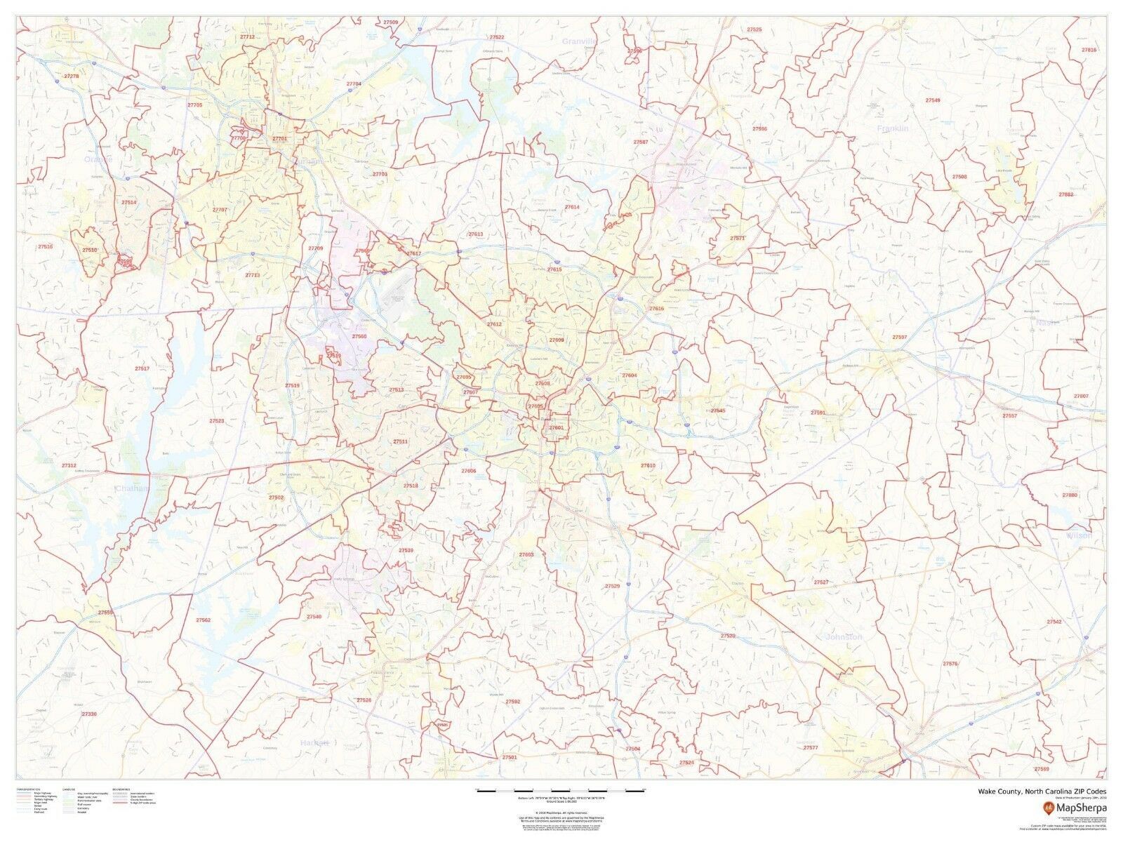 Wake County, North Carolina ZIP Codes Laminated Wall Map (MSH) - Maps ...