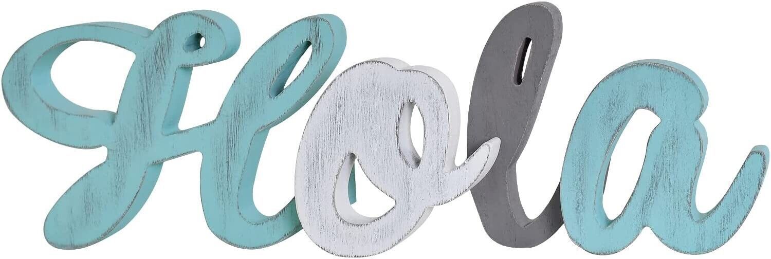 Wooden Hola Sign Decor Aqua Hanging Block Letters Sign Free Standing ...