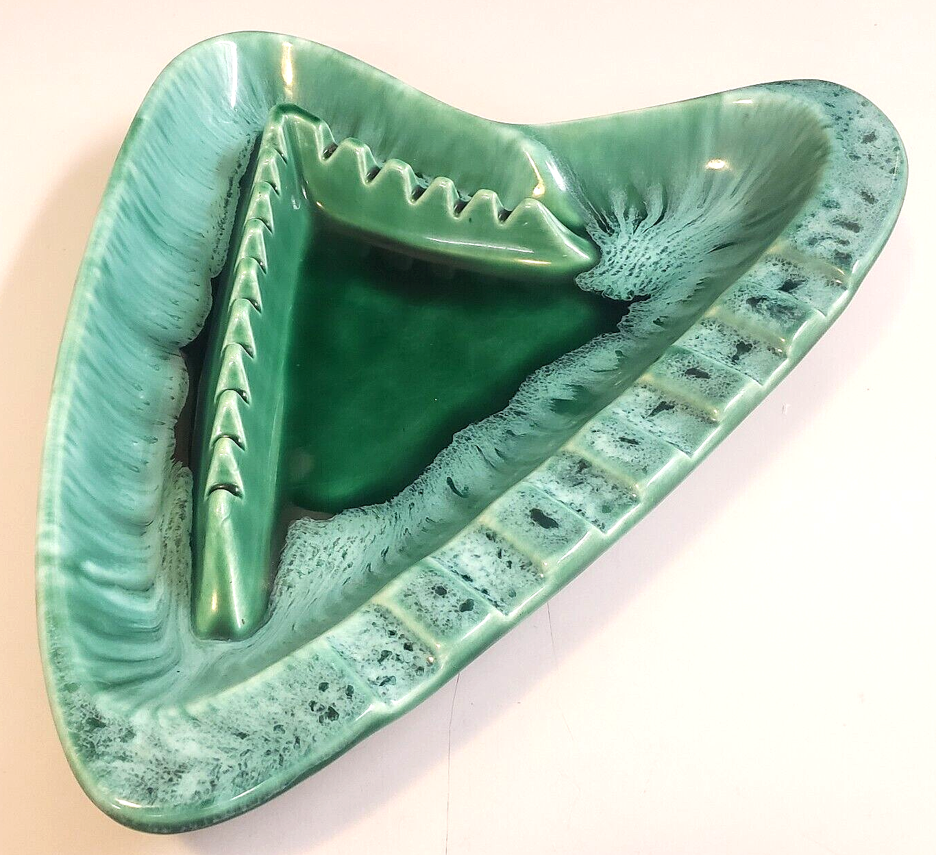 Vtg MCM Ceramic ATOMIC MODERN ASHTRAY Emerald/ Sea Foam Green Splatter ...