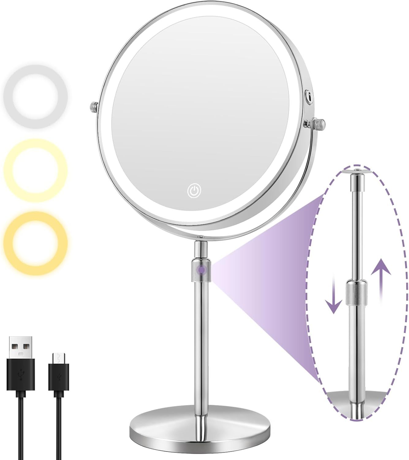 This 9-Inch Chrome Alhakin Large Lighted Makeup Mirror Has Three Color ...