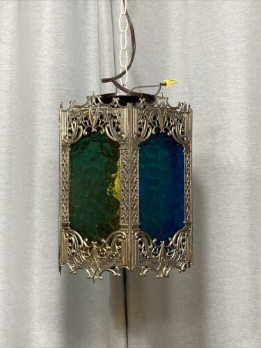 Vintage GOTHIC Regency STAINED GLASS Hanging LANTERN Light MEDIEVAL MCM ...