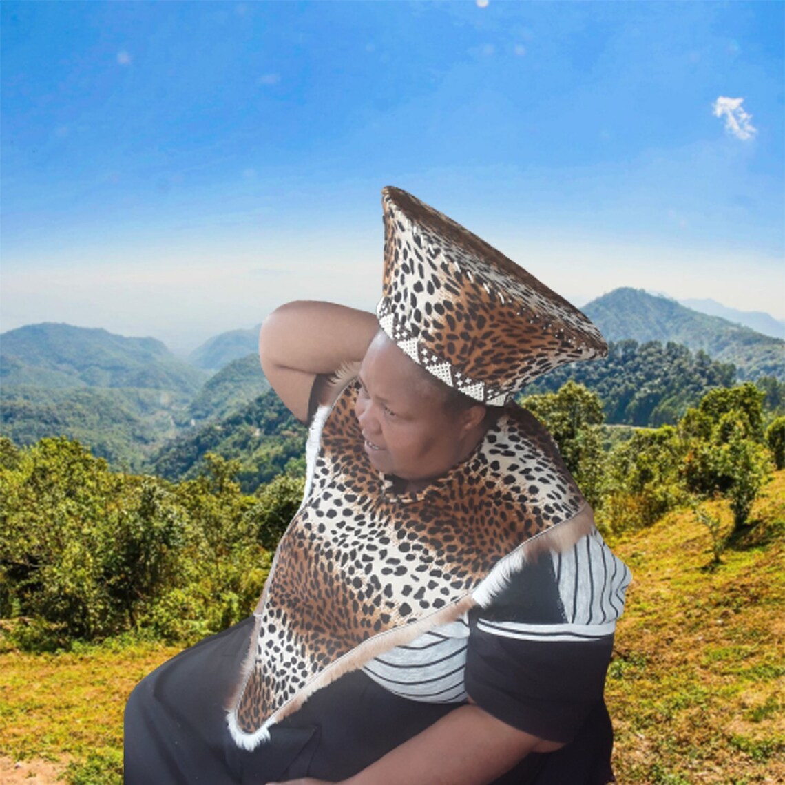 2 in 1 Handmade Leopard Print African Zulu Beaded Zulu Hat Isicholo - Hats