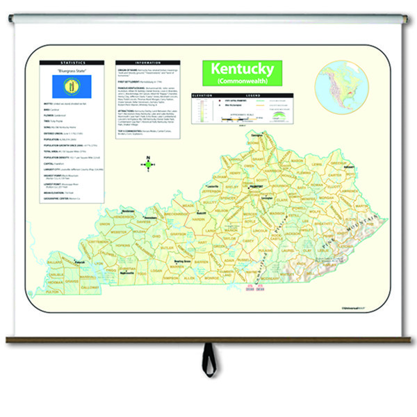 Kentucky Large Scale Shaded Relief Wall Map on Roller - Maps & Atlases