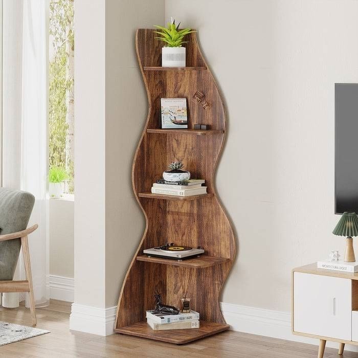 Modern Wave Shape 5 Shelf Corner Bookcase in Brown Wood Finish ...