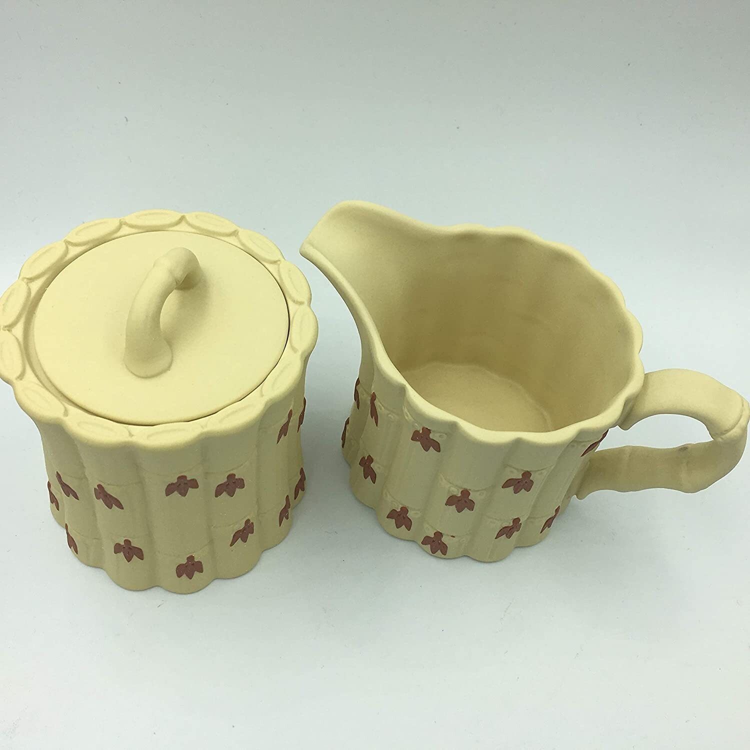 Wedgwood Primrose Terracotta Jasper Bamboo Sugar Bowl Lid & Ceamer Set ...