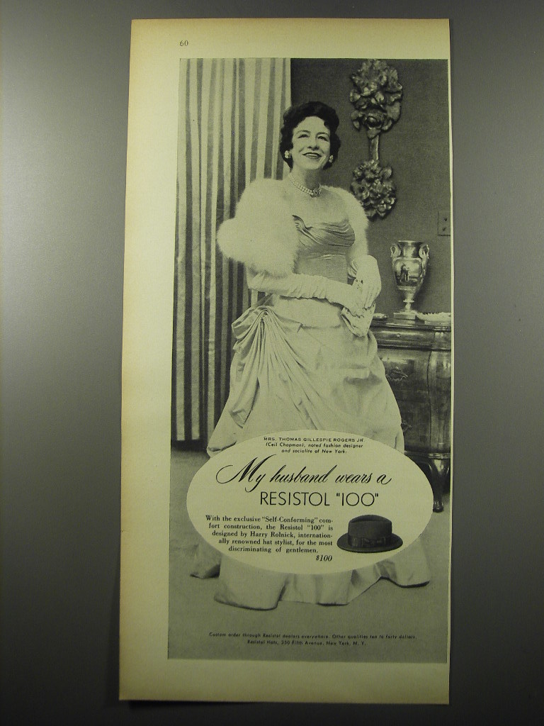 1955 Resistol 100 Hat Ad - Ceil Chapman - My husband wears a Resistol ...