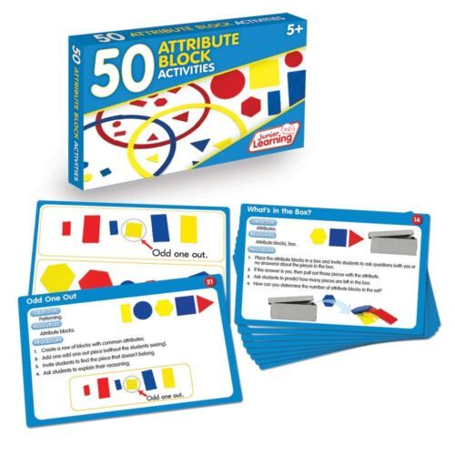 New 50 ATTRIBUTE BLOCK ACTIVITIES Learning CARD SET Math Shapes Sizes ...