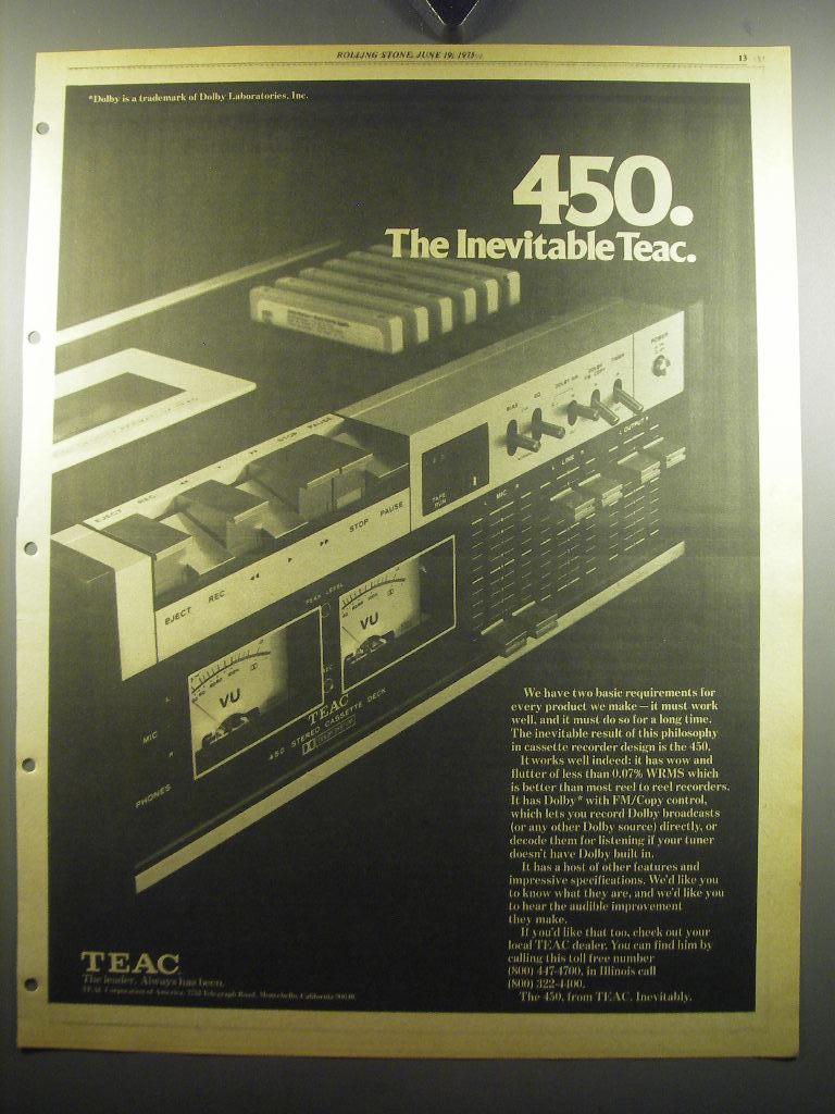 1975 Teac 450 Cassette Deck Advertisement - 450. The inevitable Teac - 1980-89