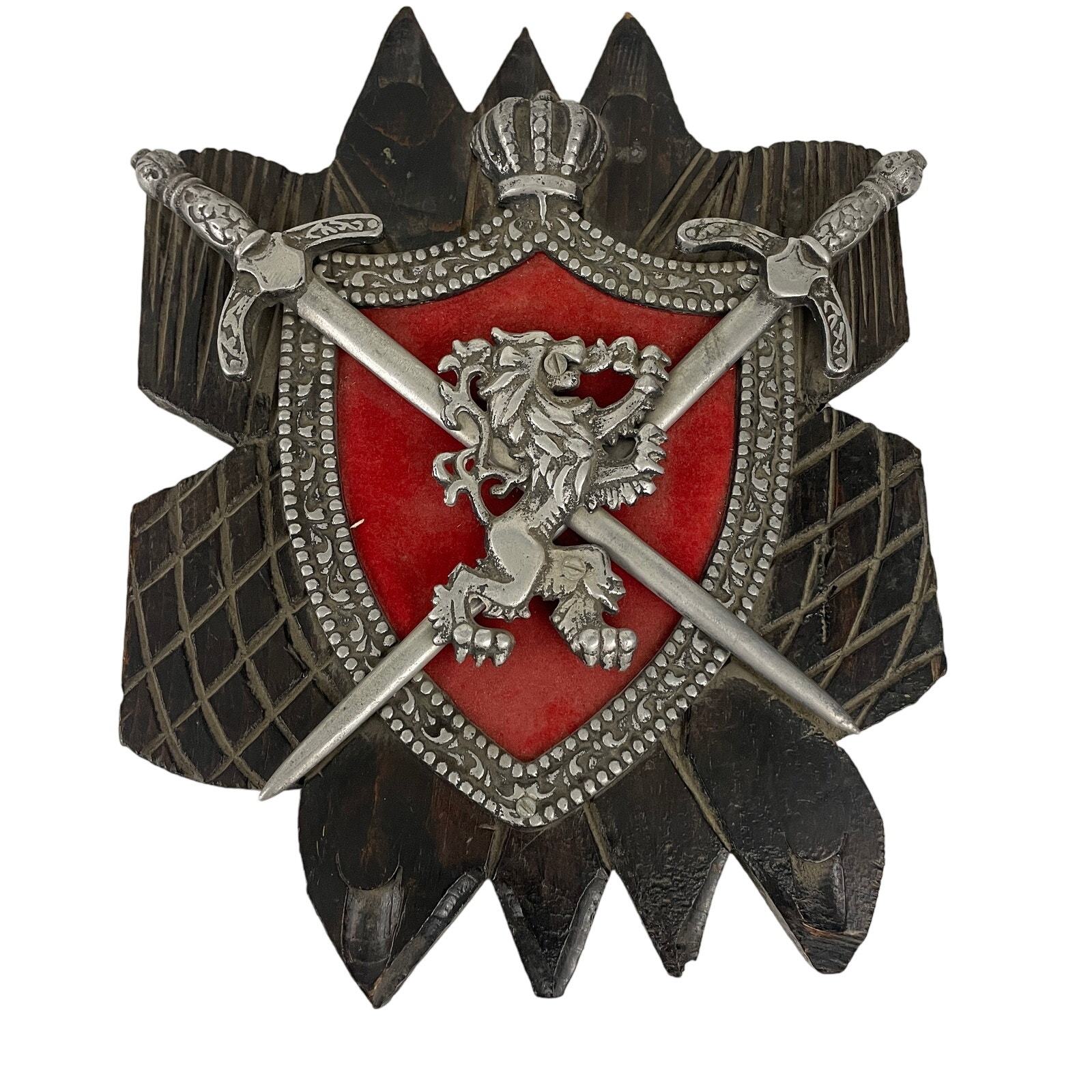 VTG Crossed Swords Coat of Arms Medieval Carved Wood Hanging Lion Crest ...
