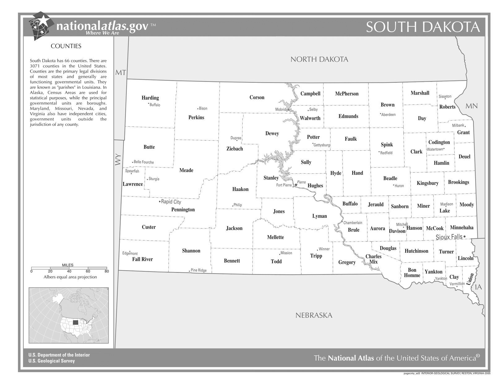 South Dakota State Counties w/Cities (Black&White) Laminated Wall Map ...
