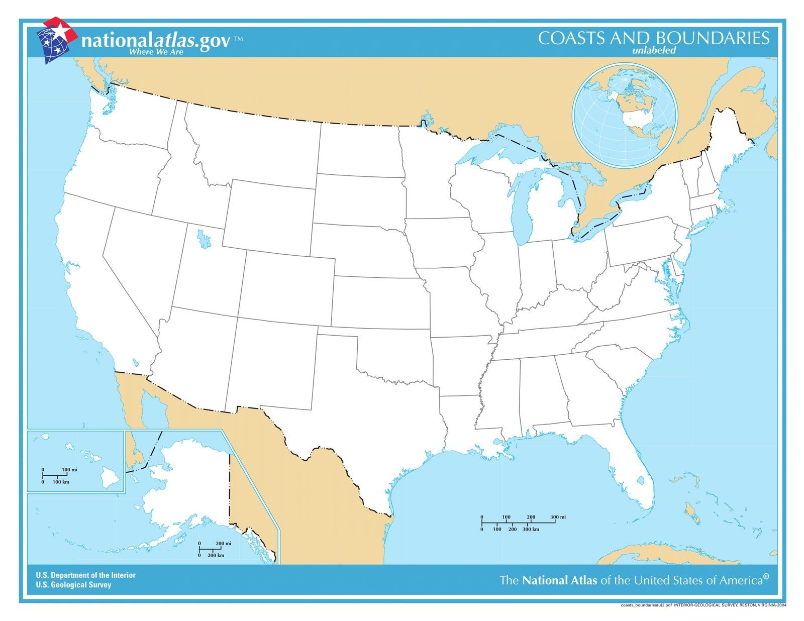 USA Coasts and Boundaries Laminated Wall Map - Maps & Atlases