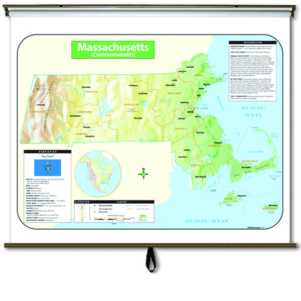 Massachusetts Large Scale Shaded Relief Wall Map on Roller with ...