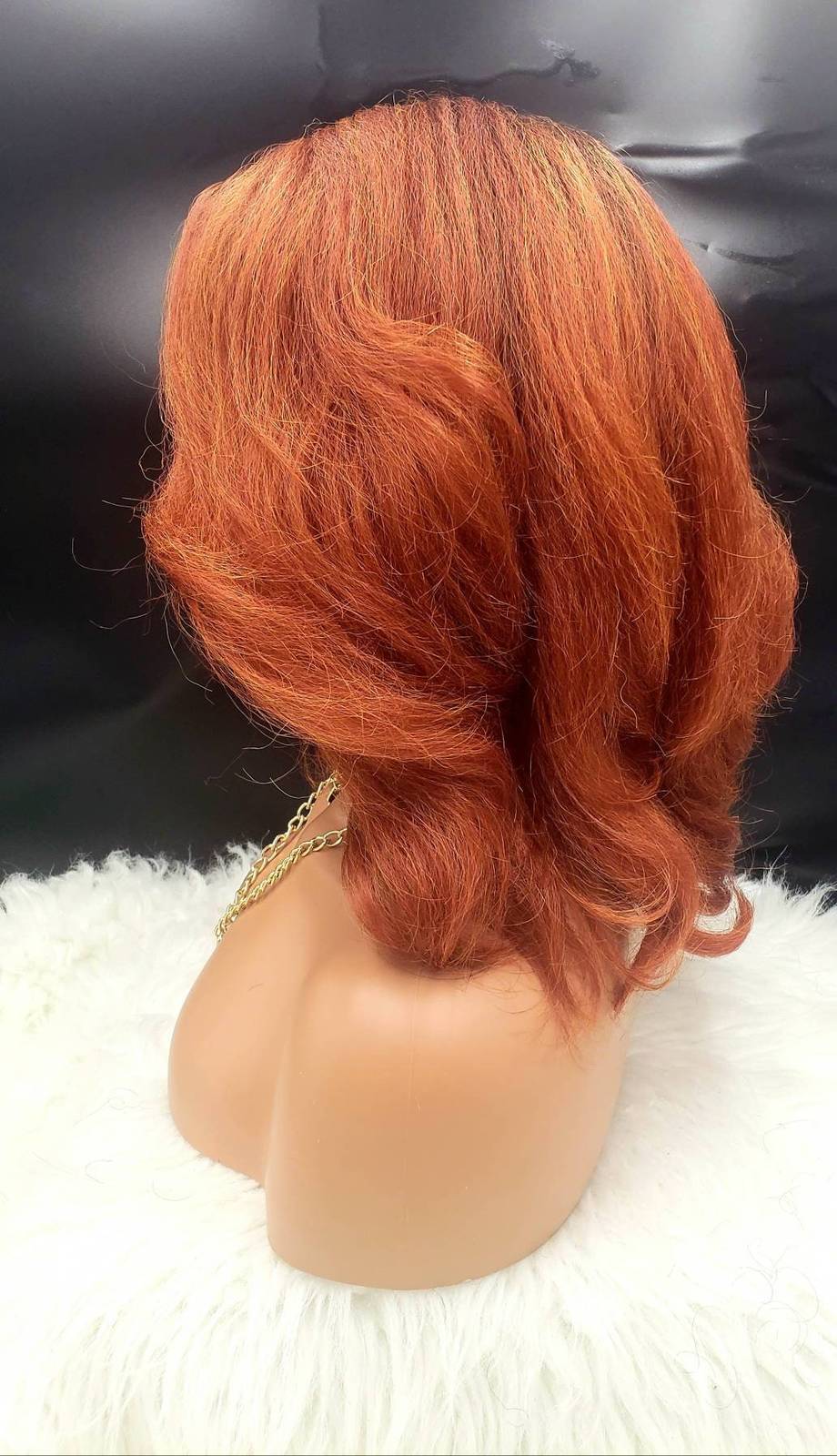 Dior" Natural Blow Out Yaki straight texture Synthetic Wig swoop bang ...