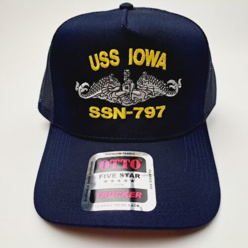 USS Iowa SSN-797 Mesh Snapback Cap Hat Navy Blue Boat Submarine Ship - Hats