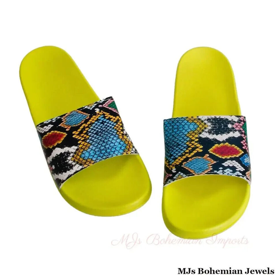 Yellow Snake Print Slides - Sandals