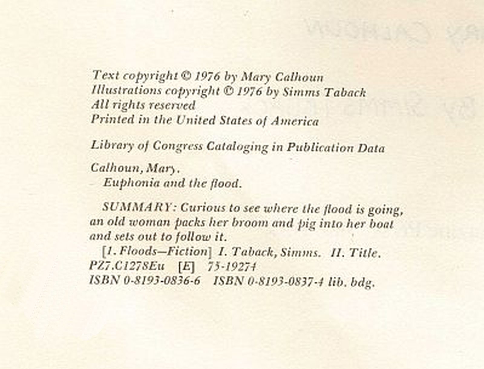 1976 Parents Magazine Euphonia And The Flood Mary Calhoun HC 1ST Ed ...