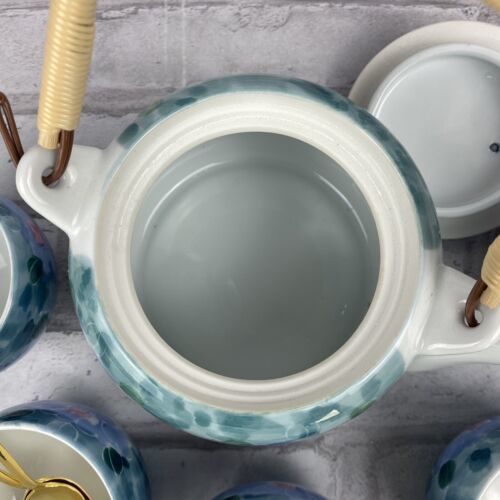 Tea Set Japanese Blue Floral Sake Teapot 5 Cups 2 Gold Spoons Tea Set ...