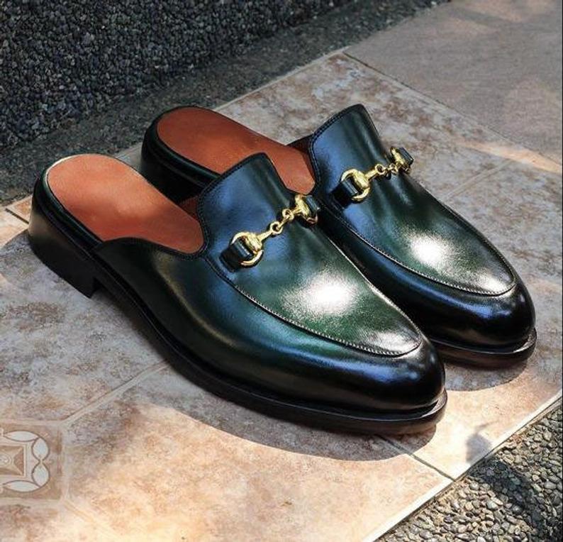 New Handmade Dark Green Leather Stylish Half Shoes for Men's - Men
