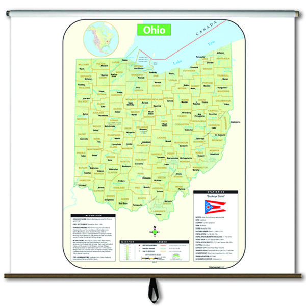 Ohio Large Scale Shaded Relief Wall Map on Roller - Maps & Atlases