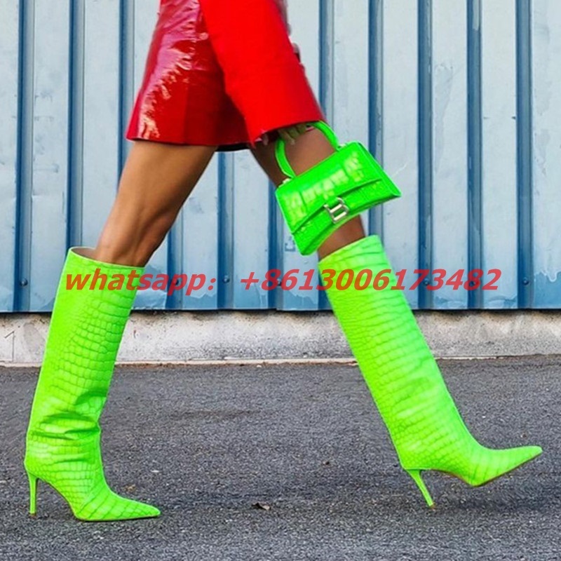 woman Pointed toe high heel print leather knee high boots women print ...