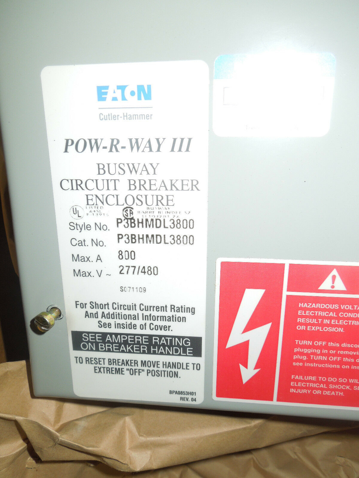 Cutler-Hammer P3BHMDL3800 800Amp 3ph 3W Pow-R-Way III Busway CB Plug ...