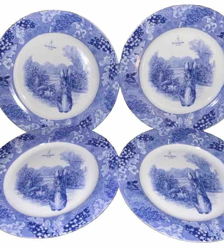 4 BEATRIX POTTER PETER RABBIT Dinner Plates Blue & White Ivy Trim ...