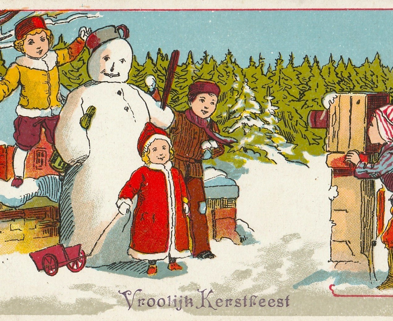 Boy Taking Photo of Children, Anthropomorphic Snowman Antique Christmas ...
