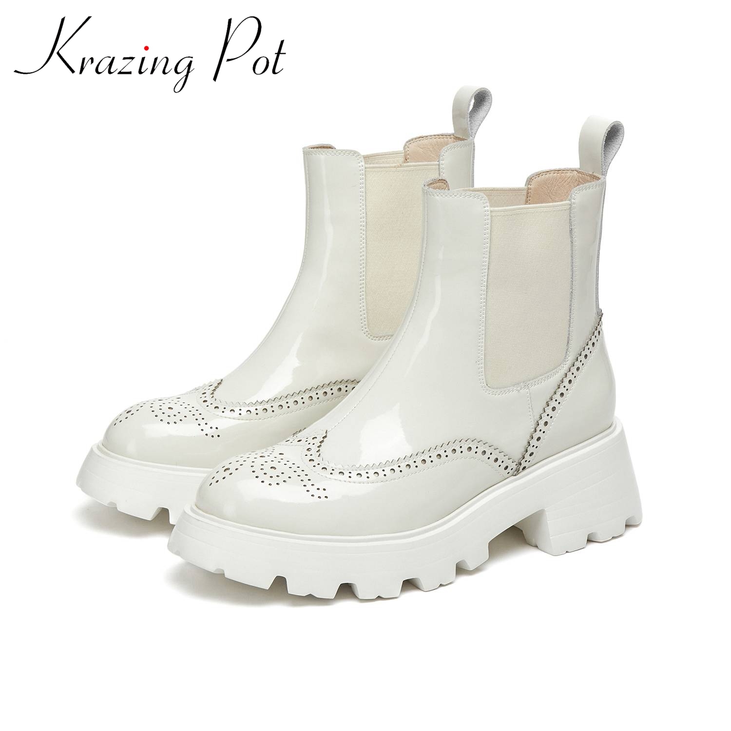 cow leather Chelsea boots slip on round toe platform carved decoration ...