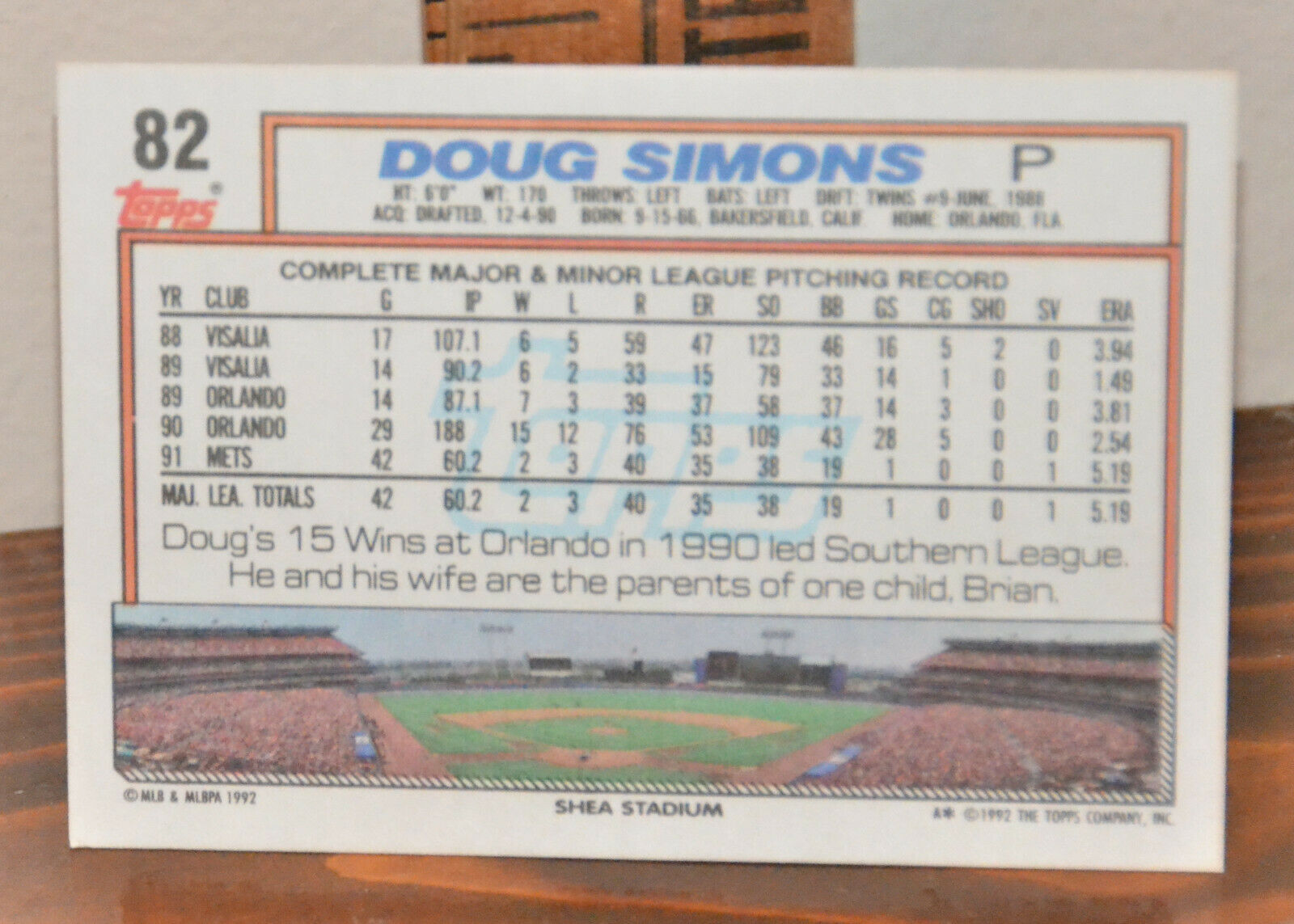 New Mint Topps trading card Baseball card 1992 Doug Simmons 82 Mets ...