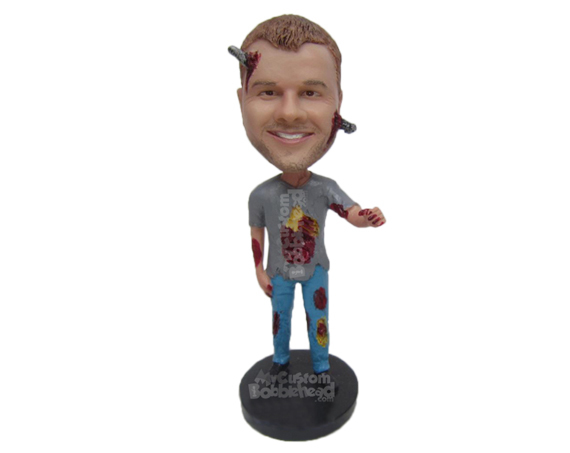 Custom Bobblehead Male Zombie In T-Shirt And Jeans With A Rod Through ...