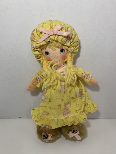 Teddy Beddy Bye Amtoy vintage yellow rag doll bear slippers nightgown ...