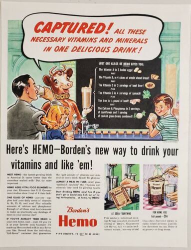 1942 Print Ad Borden's Hemo Chocolate Drink Mix Elsie the Cow Soda ...